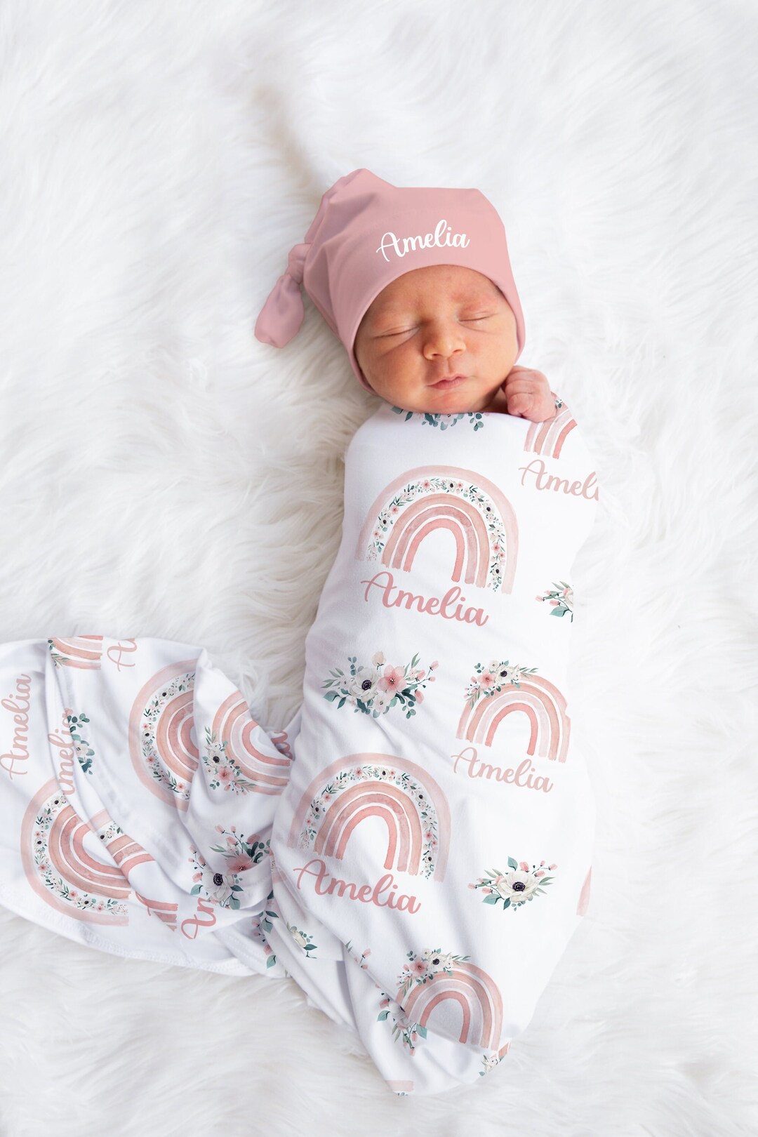 Rainbow Baby Girl Swaddle Blanket Hat Set custom Baby Shower - Etsy