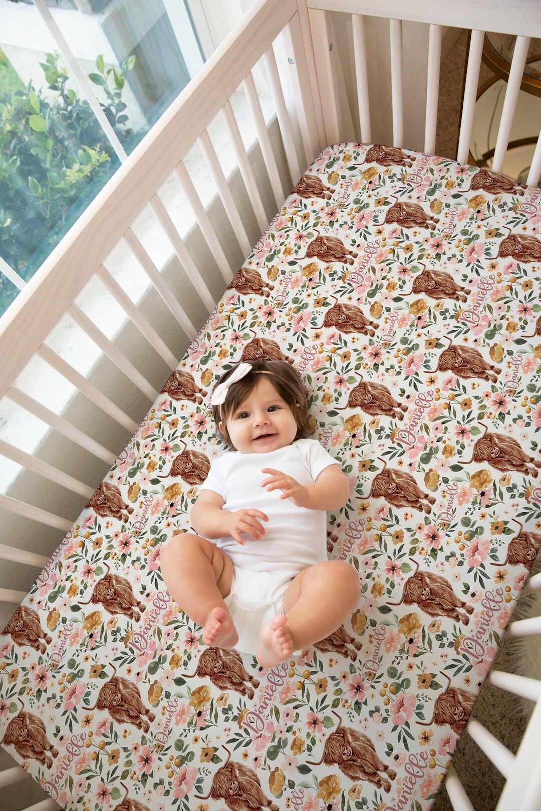 Floral Highland Cow Crib Sheet With Name- Personalized Crib Bedding ...