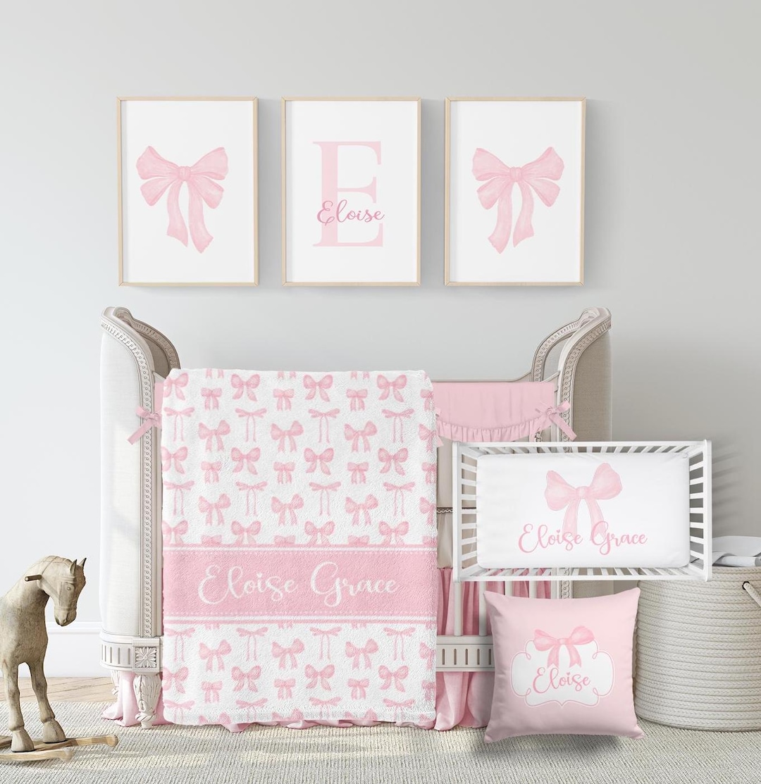Pink Bow Crib Bedding Set - Personalized Baby Girl Nursery Bedding ...