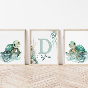 Baby Sea Turtle Art Prints - Set of 3 Personalized Ocean Nursery Prints ...