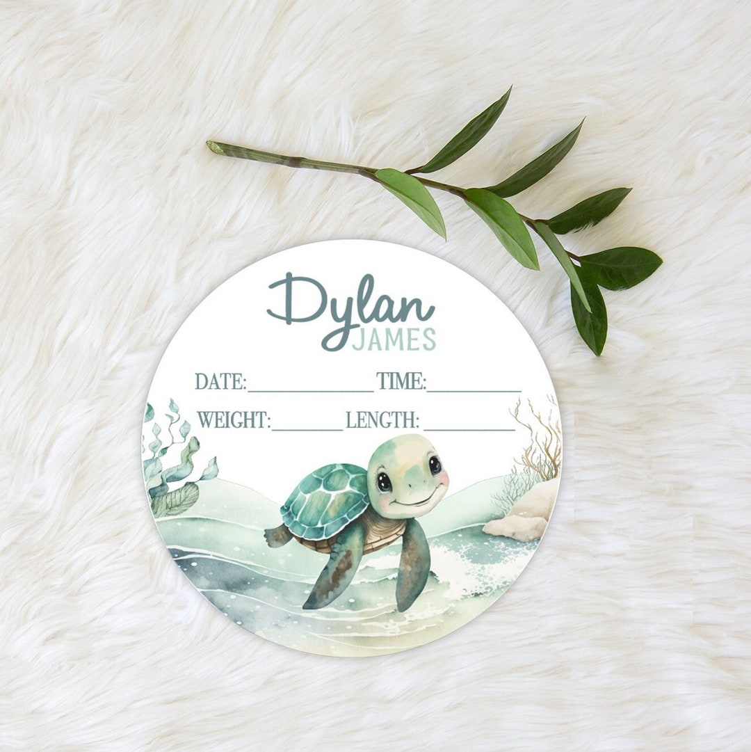 Baby Boy Birth Stat Sign, Sea Turtle Birth Stat Sign, Round Wood Ocean ...
