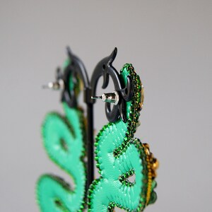 Green and gold snake earrings. Statement beaded earrings. | Etsy