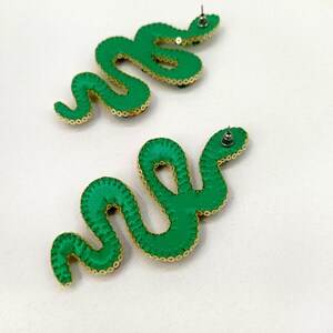 Green and Gold Snake Earrings. Statement Beaded Earrings. - Etsy