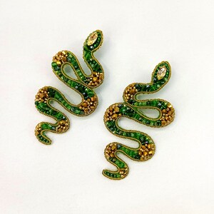 Green and Gold Snake Earrings. Statement Beaded Earrings. - Etsy