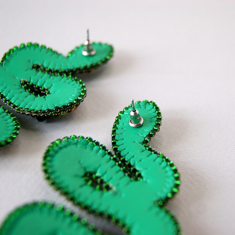 Green and gold snake earrings. Statement beaded earrings. | Etsy