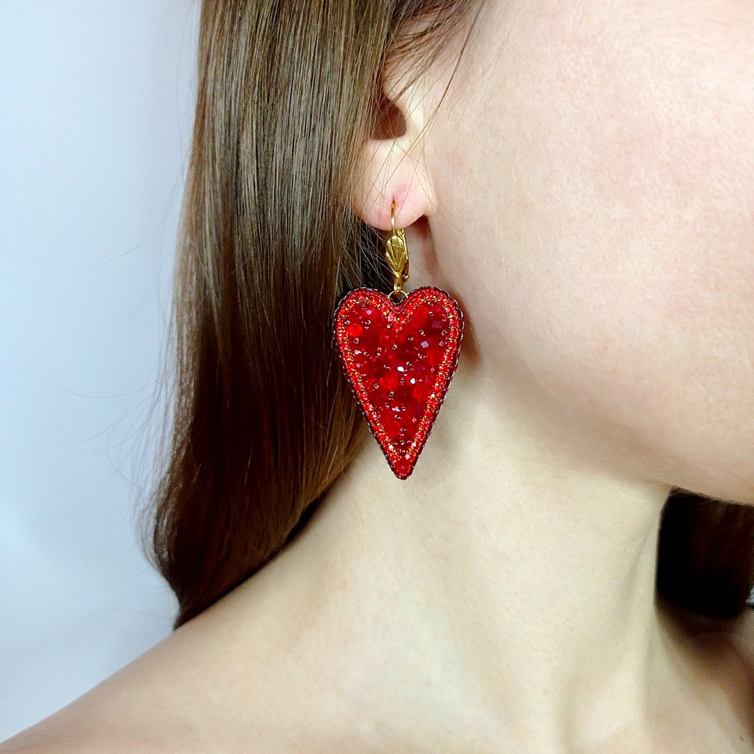 Red Heart Beaded Earrings. Red Gold Earrings. Valentine's Earrings. - Etsy