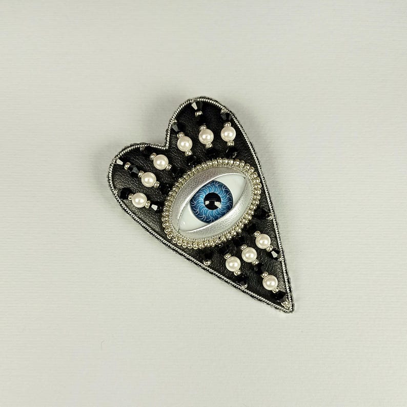 Beaded Evil Eye Black Heart Brooch: Faux Leather Pin With Hematite Gold ...