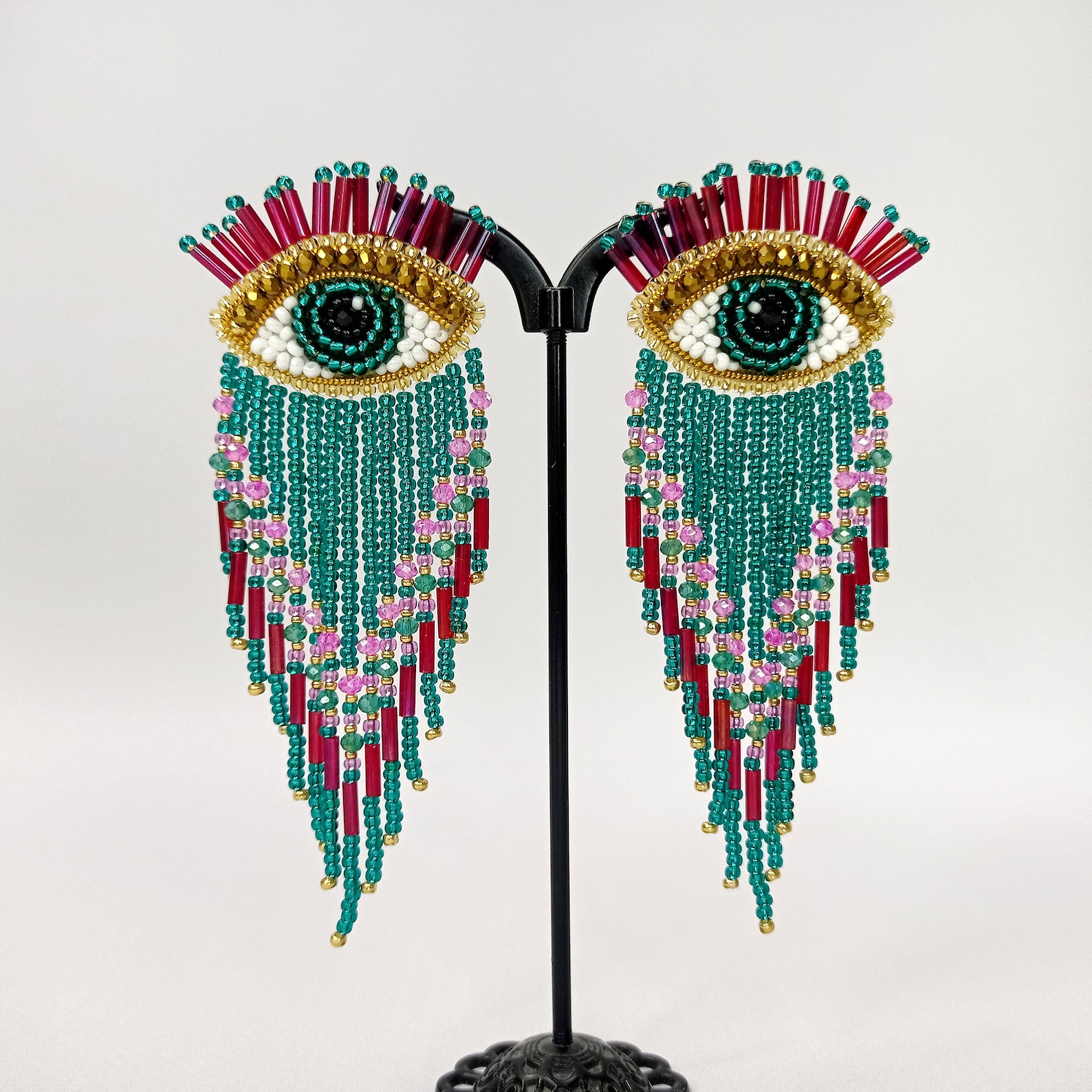 Evil Eye Beaded Earrings. Green Crimson Gold Fringe Earrings. - Etsy