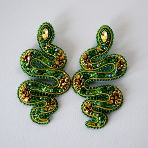 Green and gold snake earrings. Statement beaded earrings. | Etsy