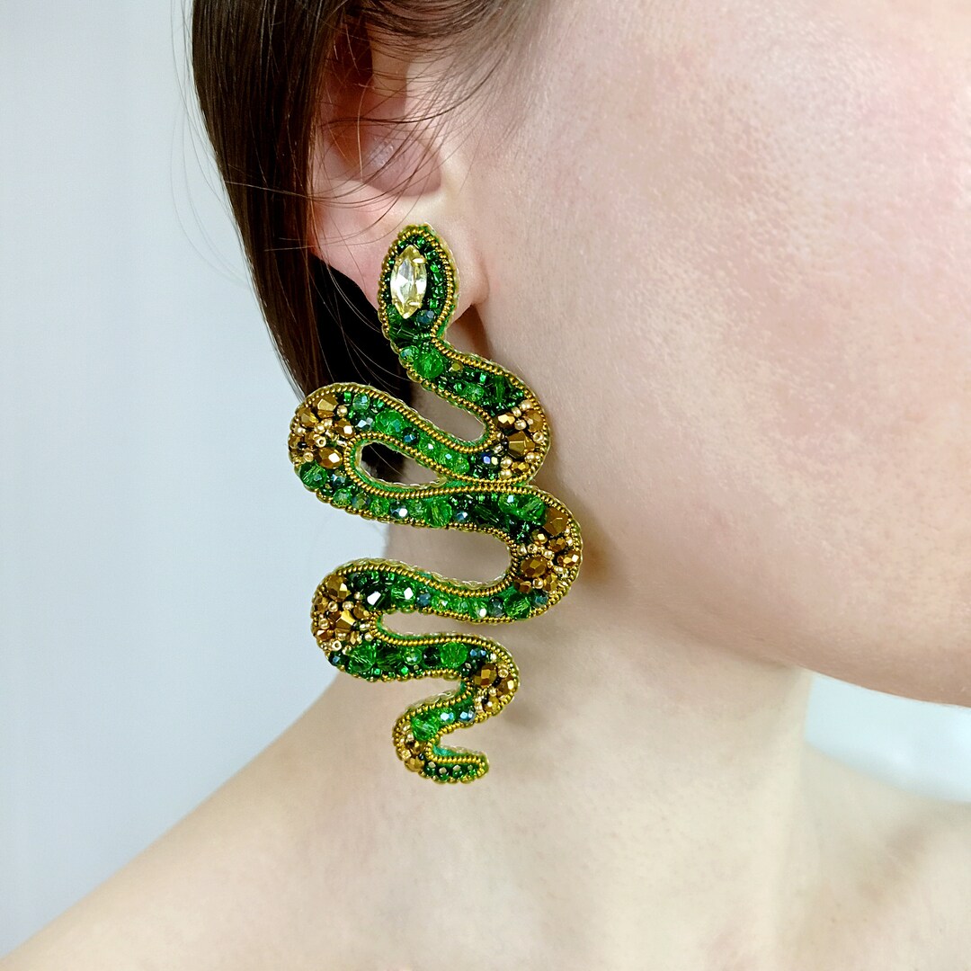 Green and Gold Snake Earrings. Statement Beaded Earrings. - Etsy