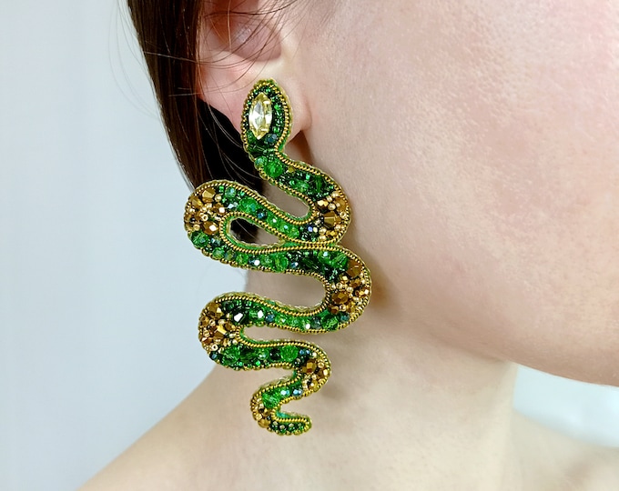 Green and Gold Snake Earrings. Statement Beaded Earrings. - Etsy