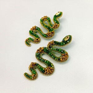 Green and Gold Snake Earrings. Statement Beaded Earrings. - Etsy