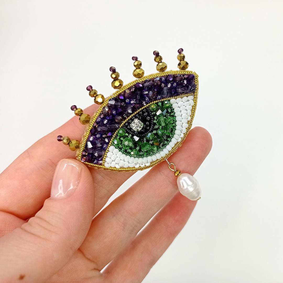 Evil Eye Brooch With Pearl Pendant. Green Eye Brooch. Purple Green ...