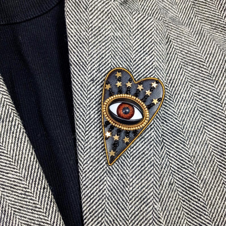 Beaded Evil Eye Black Heart Brooch: Faux Leather Pin With Hematite Gold ...