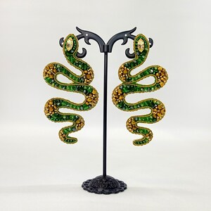 Green and Gold Snake Earrings. Statement Beaded Earrings. - Etsy