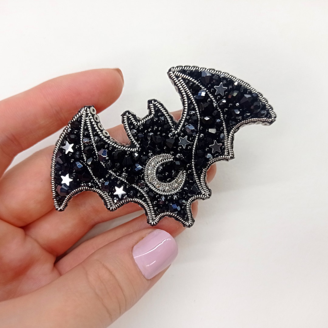Black Bat Brooch. Beaded Brooch With Hematite. - Etsy