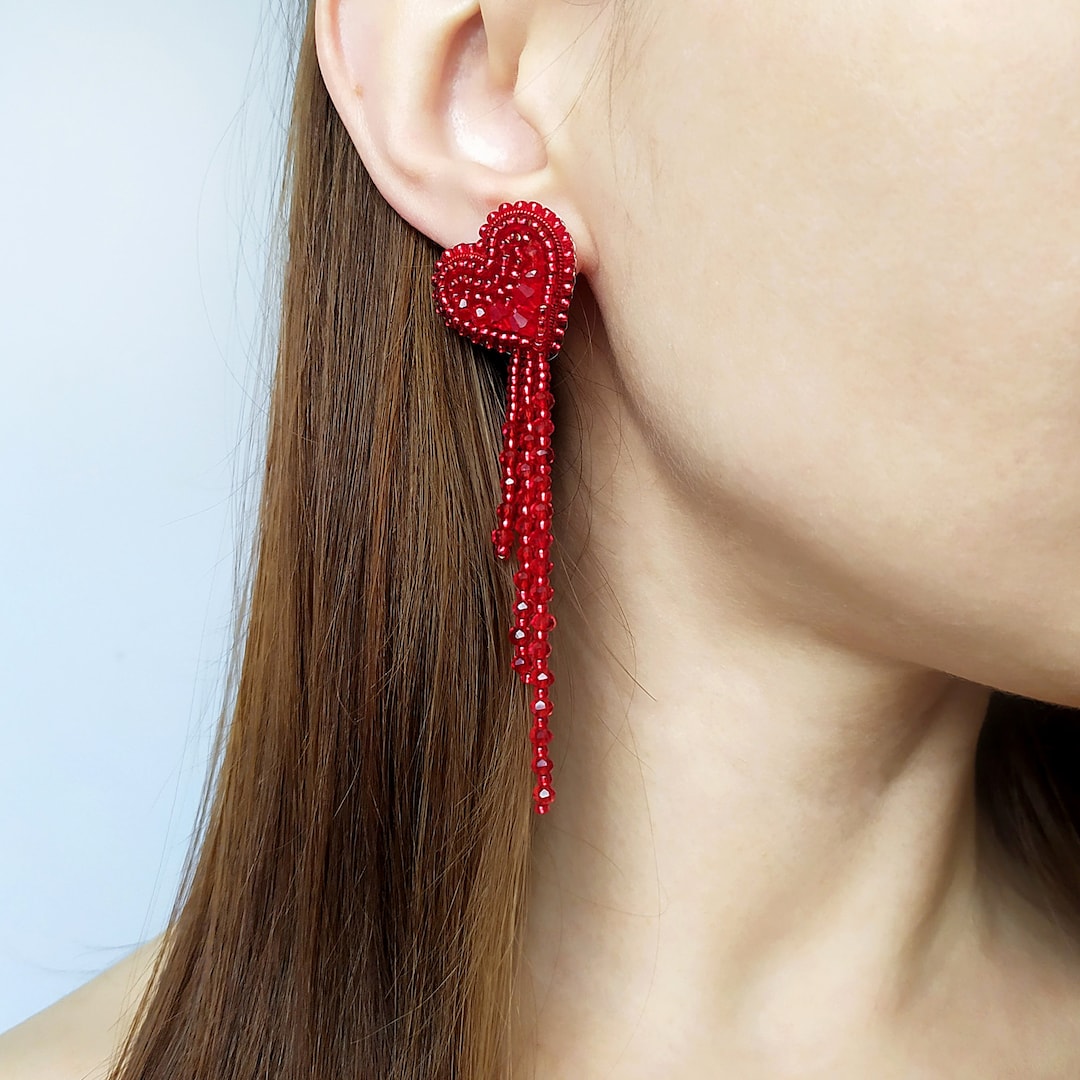 Red Heart Earrings. Long Evening Beaded Earrings. - Etsy