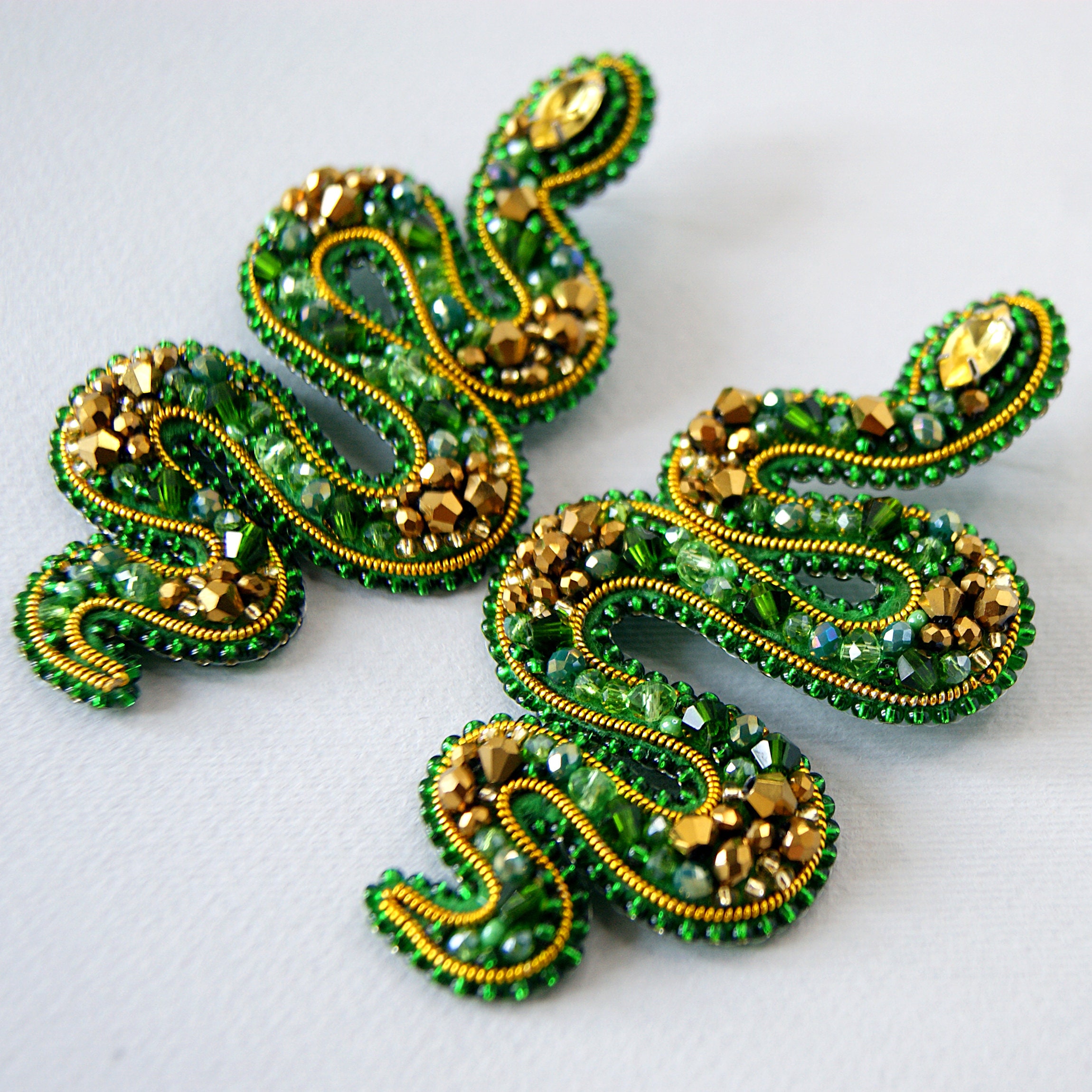 Green and gold snake earrings. Statement beaded earrings. | Etsy
