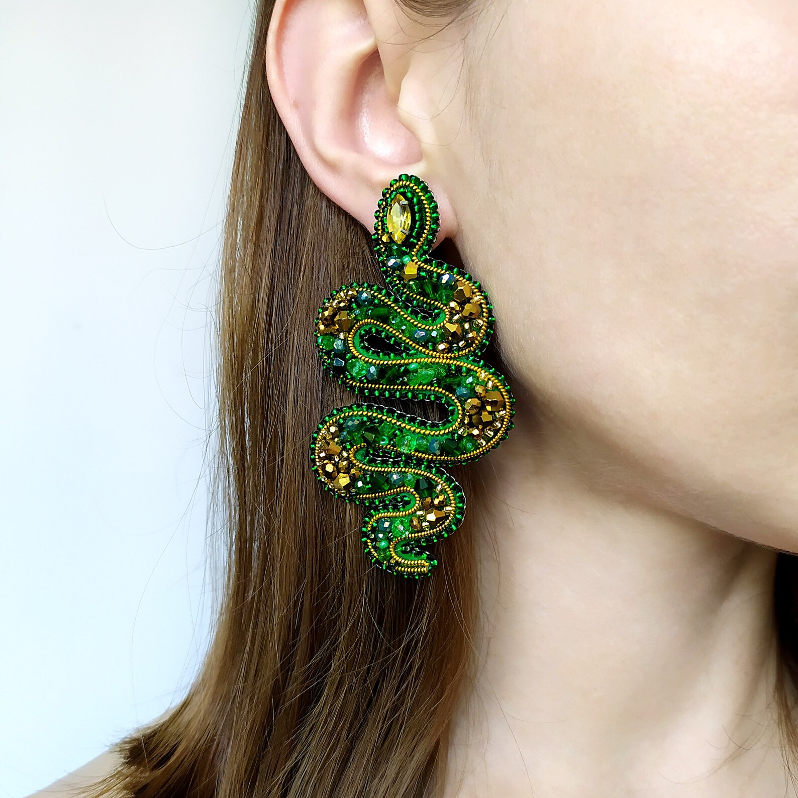 Green and gold snake earrings. Statement beaded earrings. | Etsy