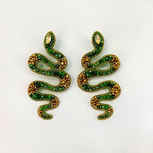 Green and Gold Snake Earrings. Statement Beaded Earrings. - Etsy