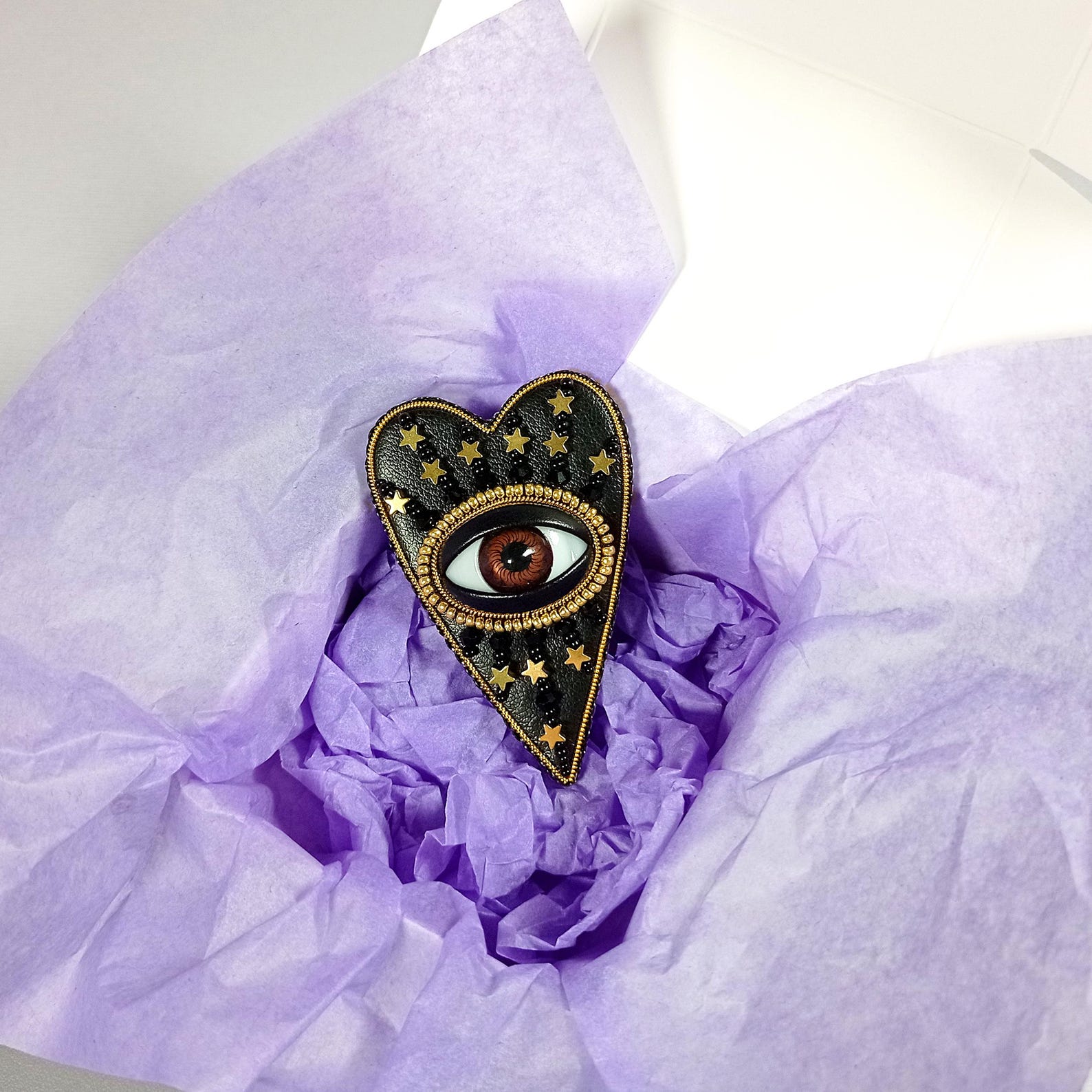 Beaded Evil Eye Black Heart Brooch: Faux Leather Pin With Hematite Gold ...