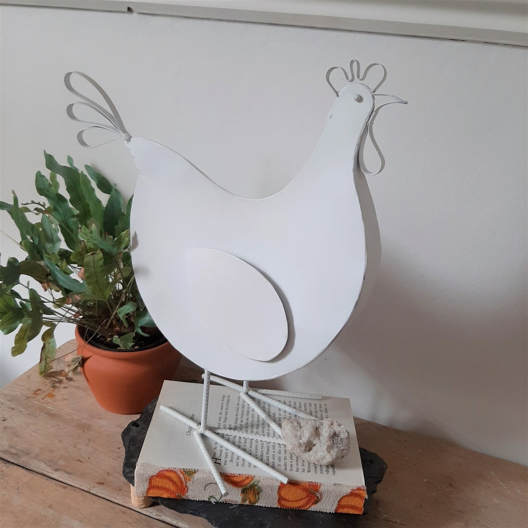 White Large Metal Chicken, Ornamental Metal Chicken, White Painted ...