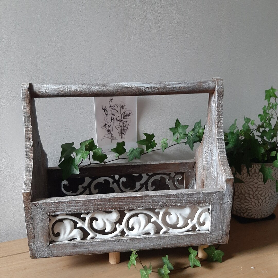 Large White Washed Trough, Wooden Storage Caddy, Handmade Farmhouse ...