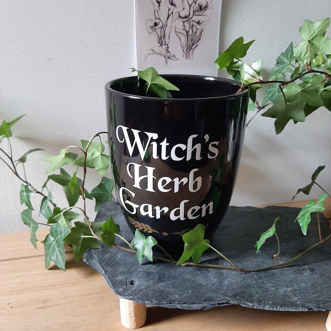 Black Ceramic "witches Herb Garden" Planter, Plant Pot, Glazed Pot ...