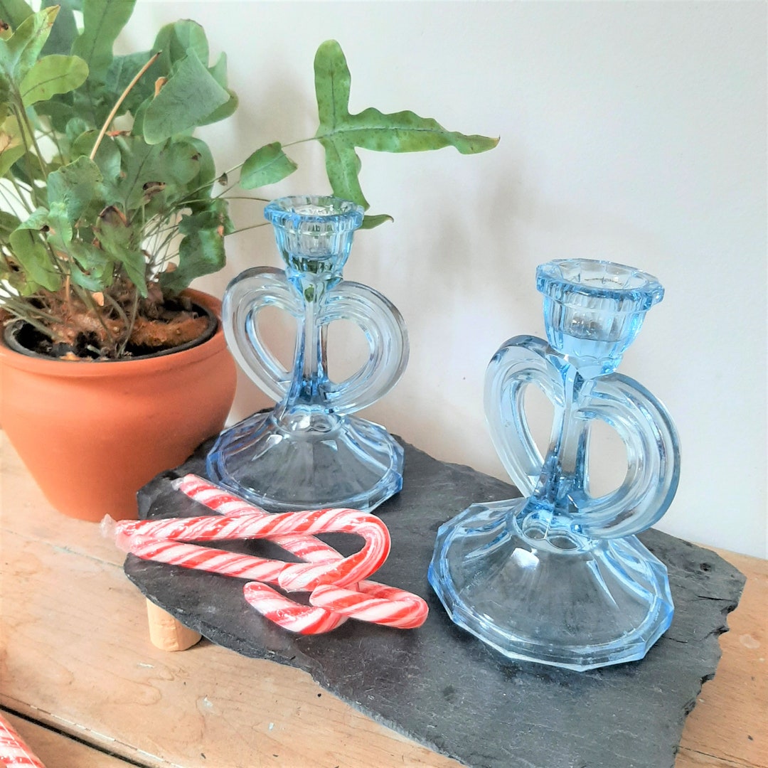 Vintage Corn Flower Blue Glass Candlesticks, Angel Wings, Candlesticks ...