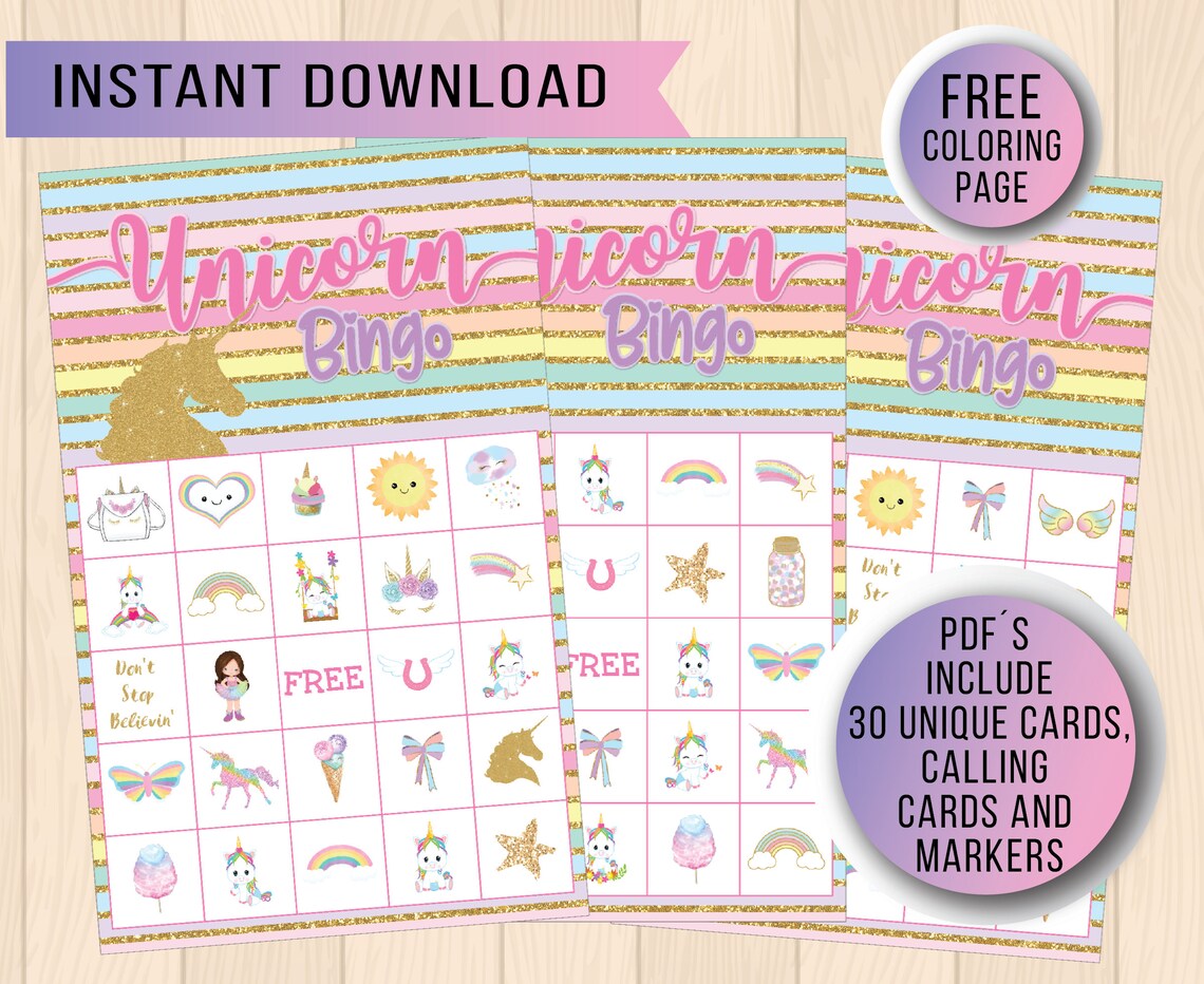 Unicorn Bingo Game for Kids Printable Unicorn Birthday Party - Etsy