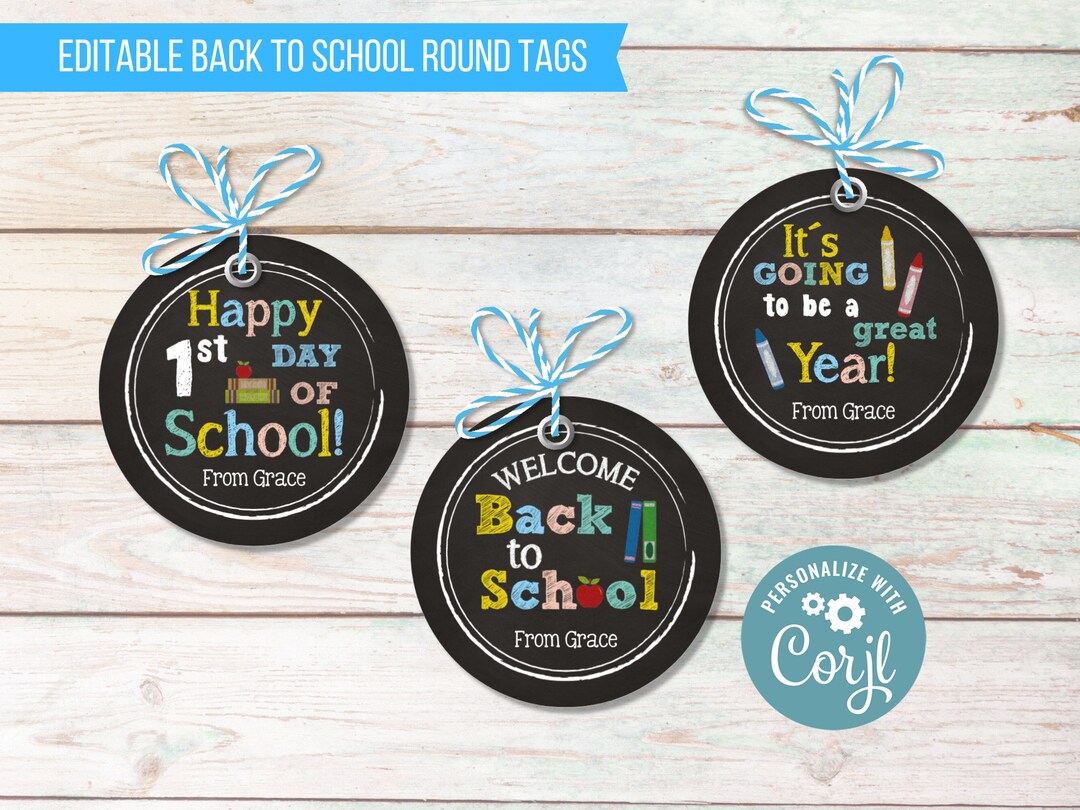 Back to School Gift Tag Printable, Happy First Day of School Round Tag ...