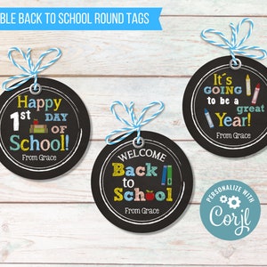 Back to School Gift Tag Printable, Happy First Day of School Round Tag ...