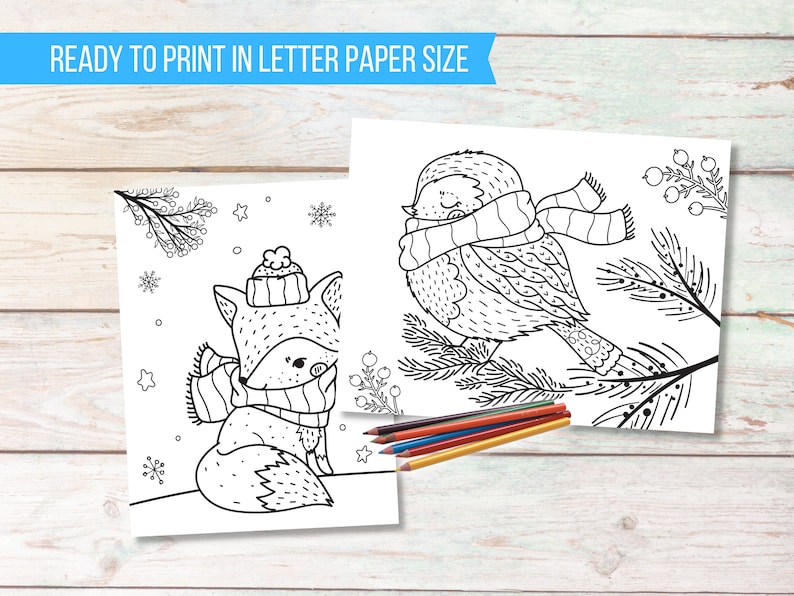 Winter Woodland Animal Coloring Page, Printable Winter Forest Animals ...