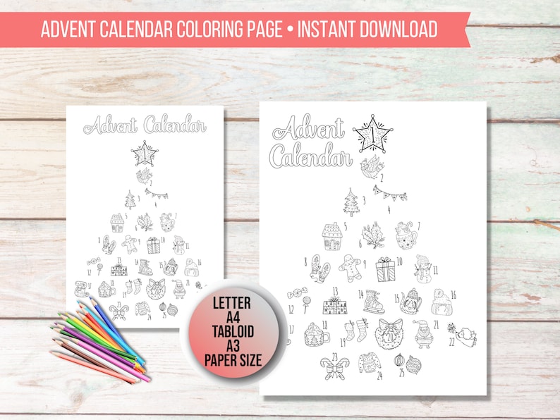 Christmas Countdown Printable Coloring Page Advent Calendar - Etsy