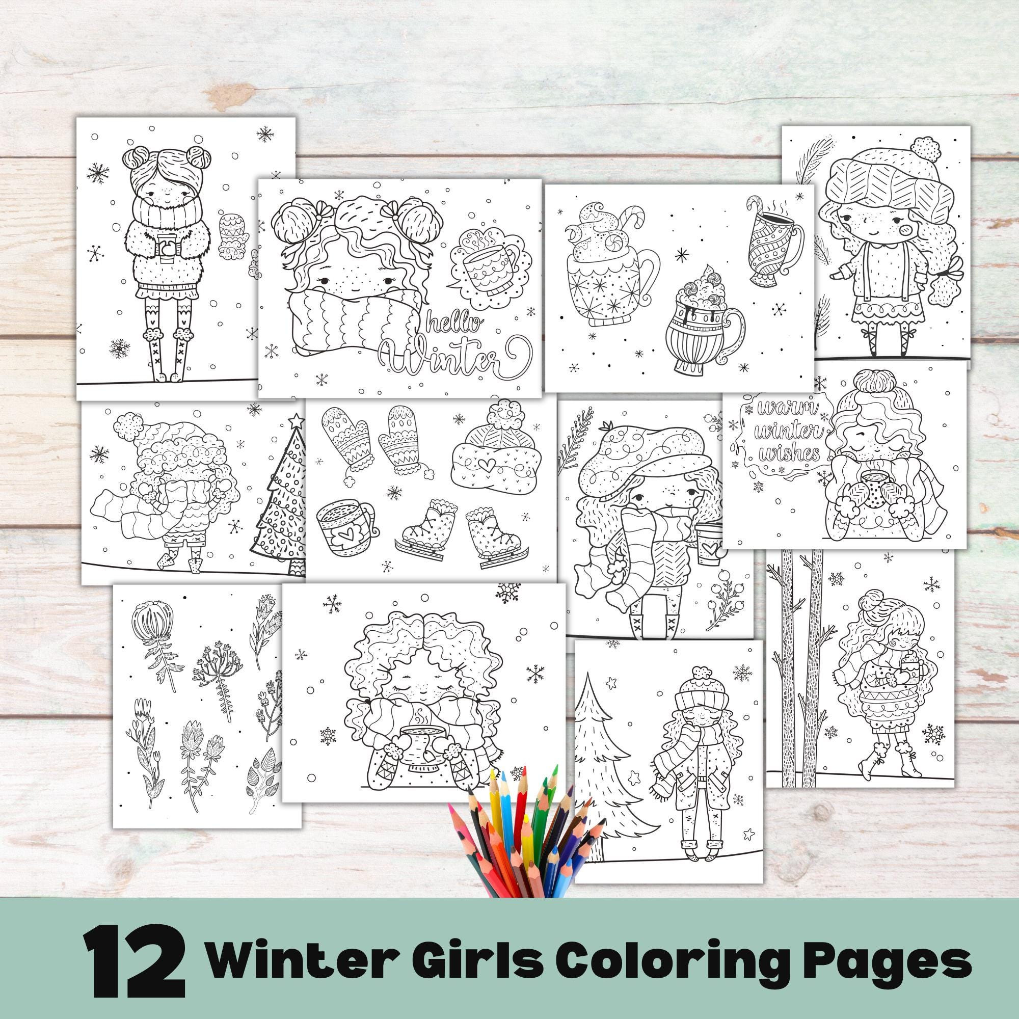 Winter Girls Kids Coloring Pages, Printable Winter Kids Coloring Sheets ...