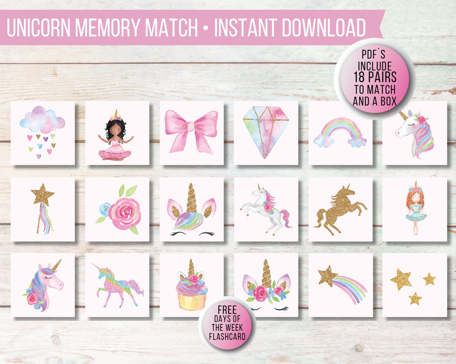 Unicorn Memory Matching Game Printable Unicorn Flashcards for | Etsy