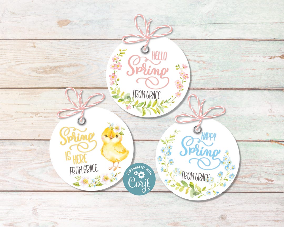 Happy Spring Editable Gift Tags, Cute Chicken, Cookie Packaging, Floral ...