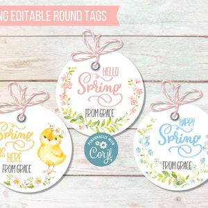 Happy Spring Editable Gift Tags, Cute Chicken, Cookie Packaging, Floral Gift Tag - Etsy