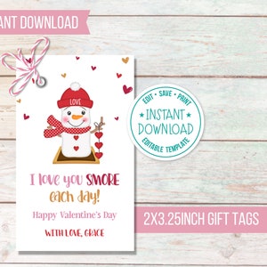 Valentines Day Snowman Smore Gift Tag, Editable and Printable, I Need S ...