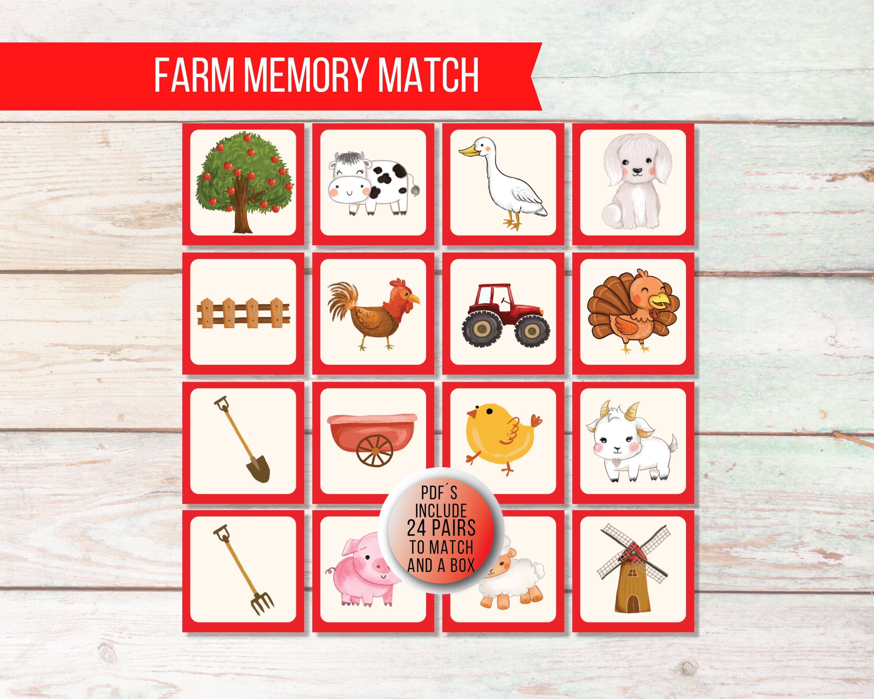 Farm Theme Memory Card Game, Farm Memory and Matching Game, Printable ...