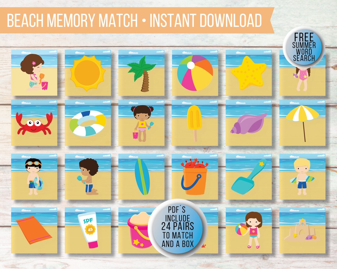 Summer Memory and Matching Game, Printable Beach Memory Game, Kids ...