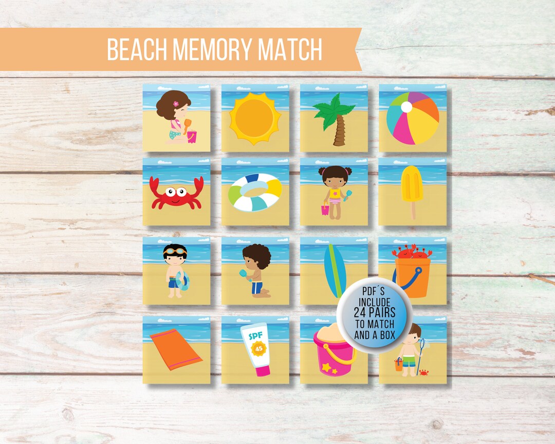 Summer Memory and Matching Game, Printable Beach Memory Game, Kids ...