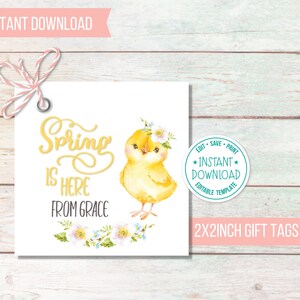 Happy Spring Editable Gift Tags, Cute Chicken, Cookie Packaging, Floral ...