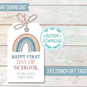 Back to School Rainbow Editable Gift Tags, 1st Day of School Favor Tag ...