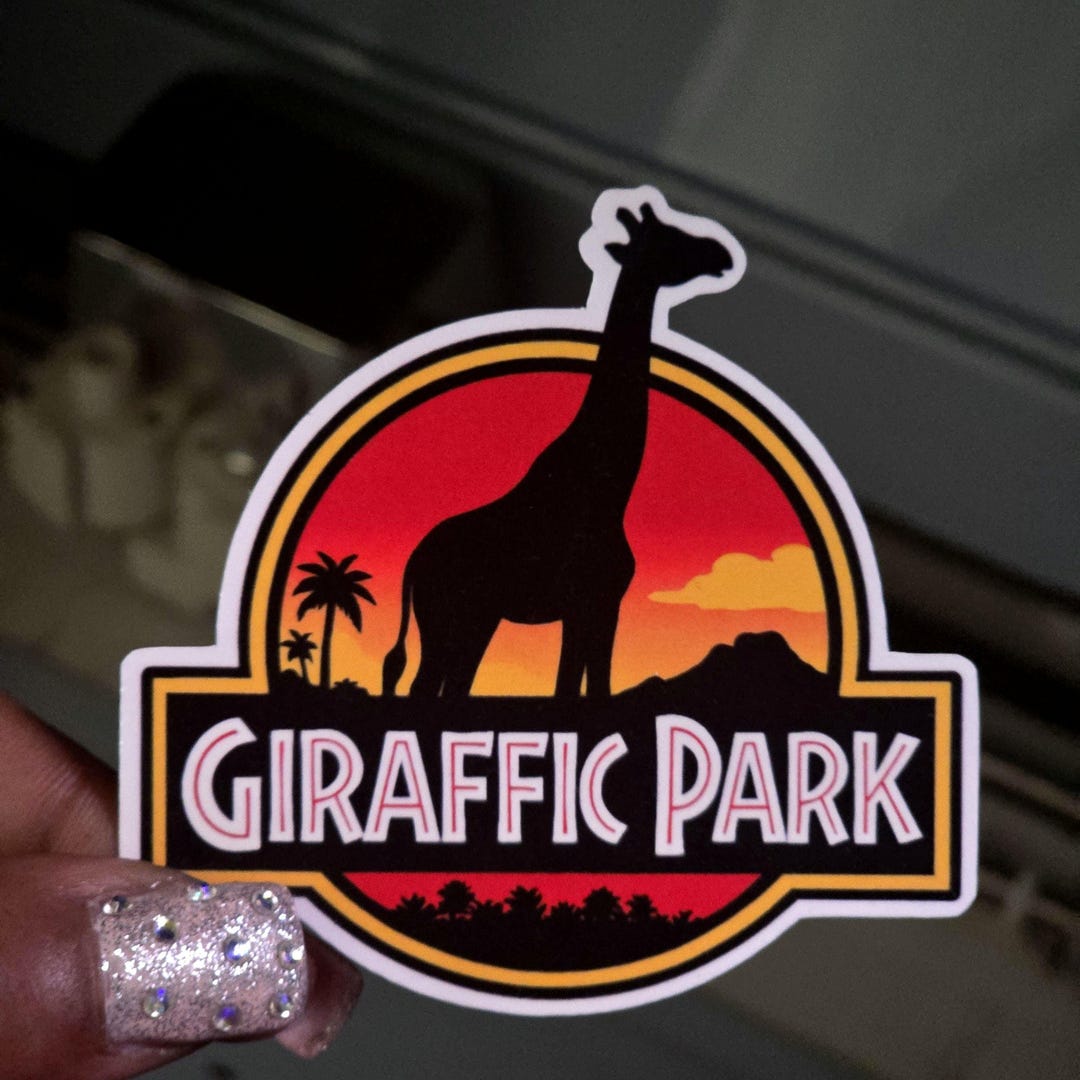 Giraffic Park Sticker – Funny Giraffe Jurassic Park Parody Vinyl Decal ...