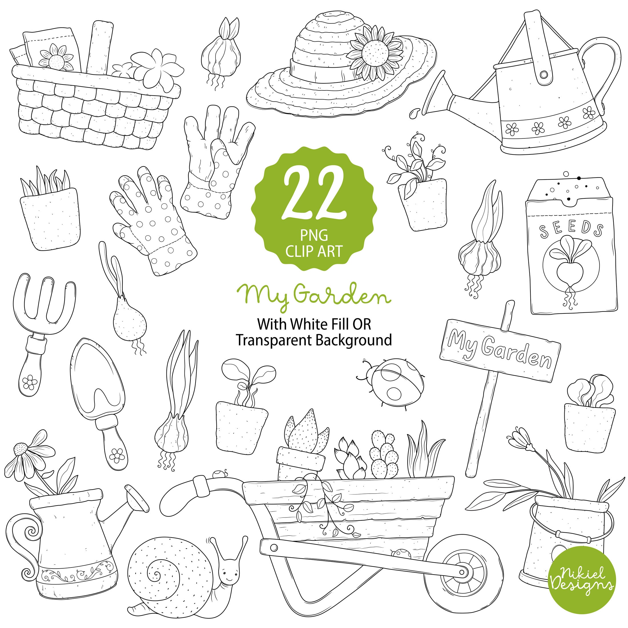 Cute Gardening Tools and Plants Black and White Line Art Clip Art Set ...