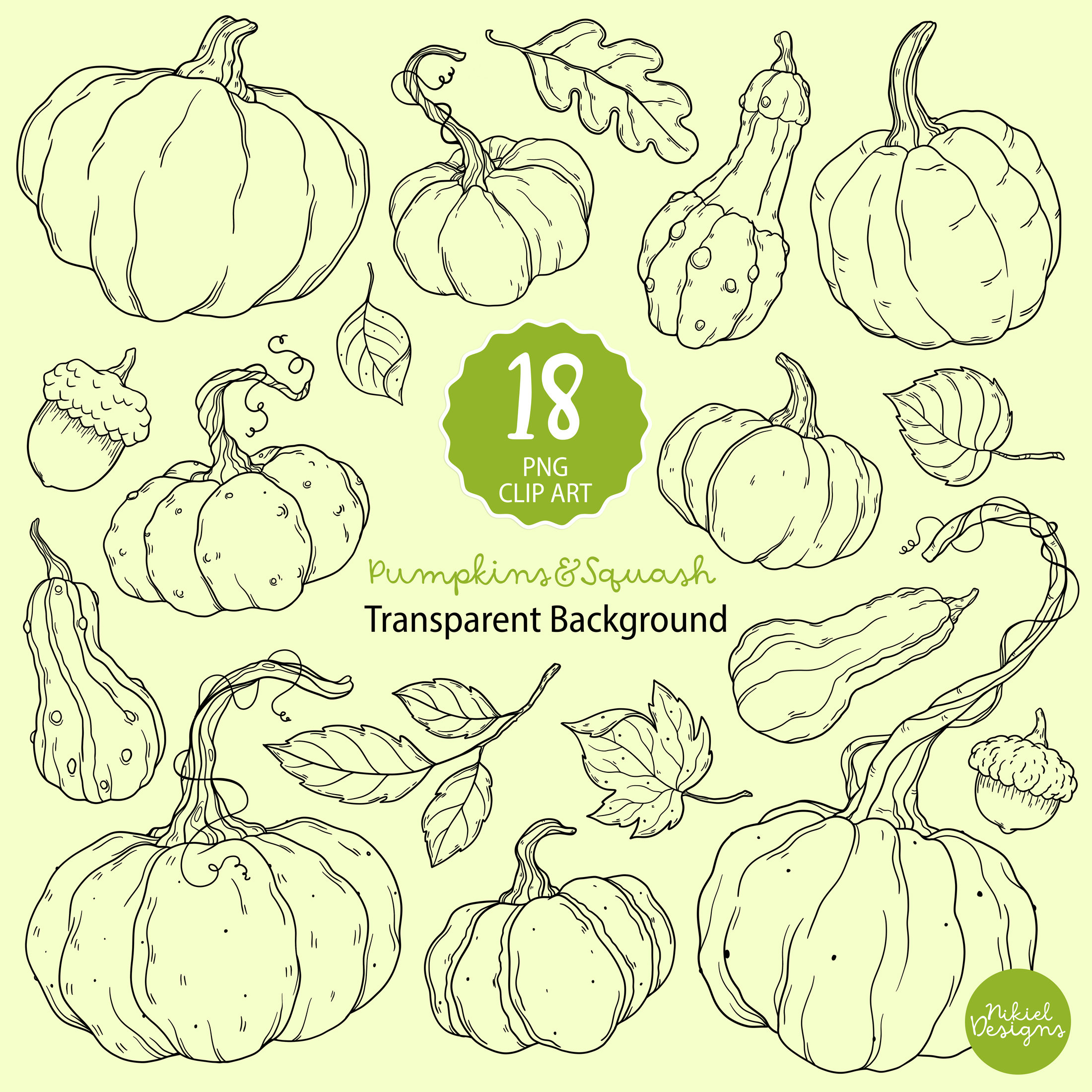 Pumpkin BW Clip Art, Fall Pumpkins and Squash Hand Drawn Black and ...