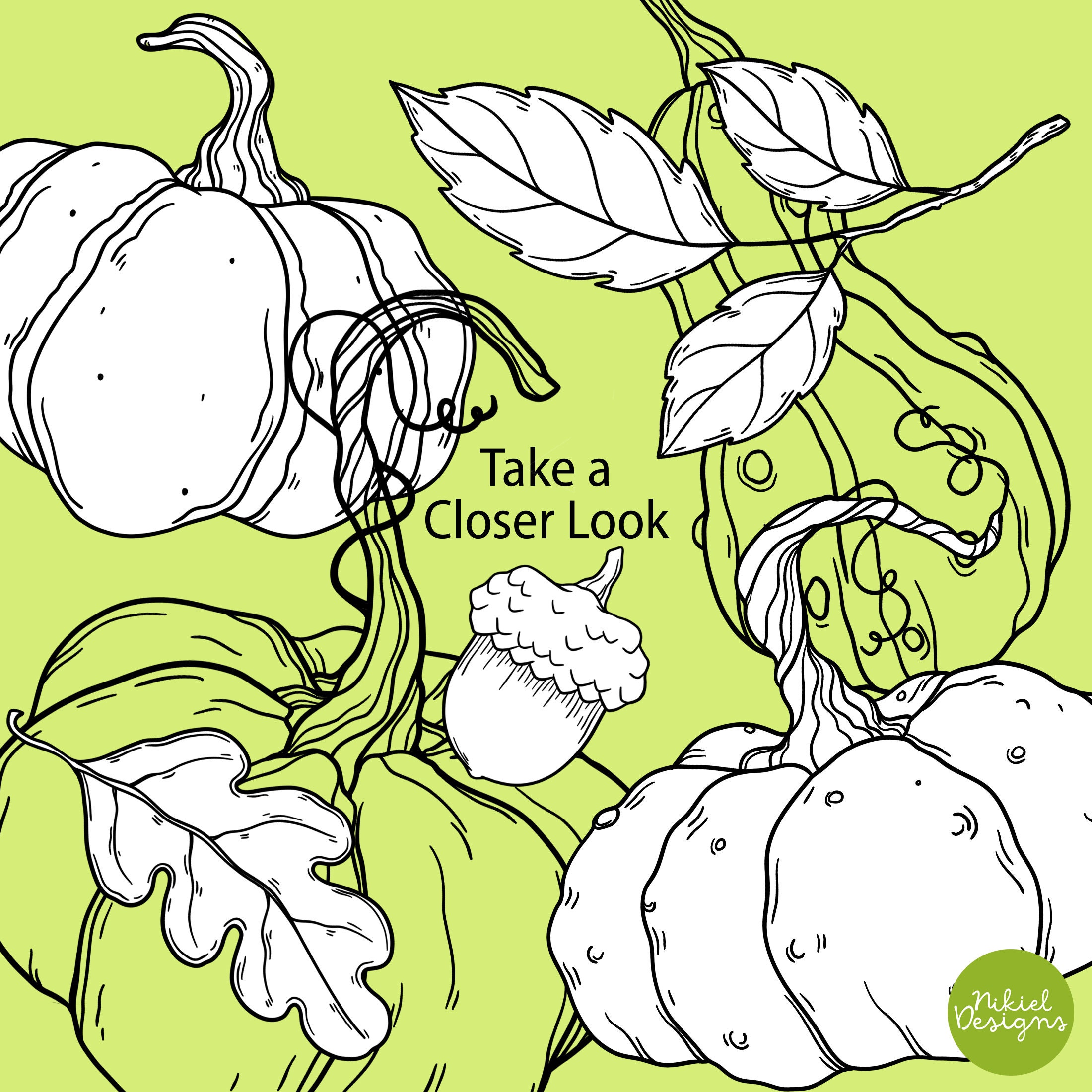 Pumpkin BW Clip Art, Fall Pumpkins and Squash Hand Drawn Black and ...