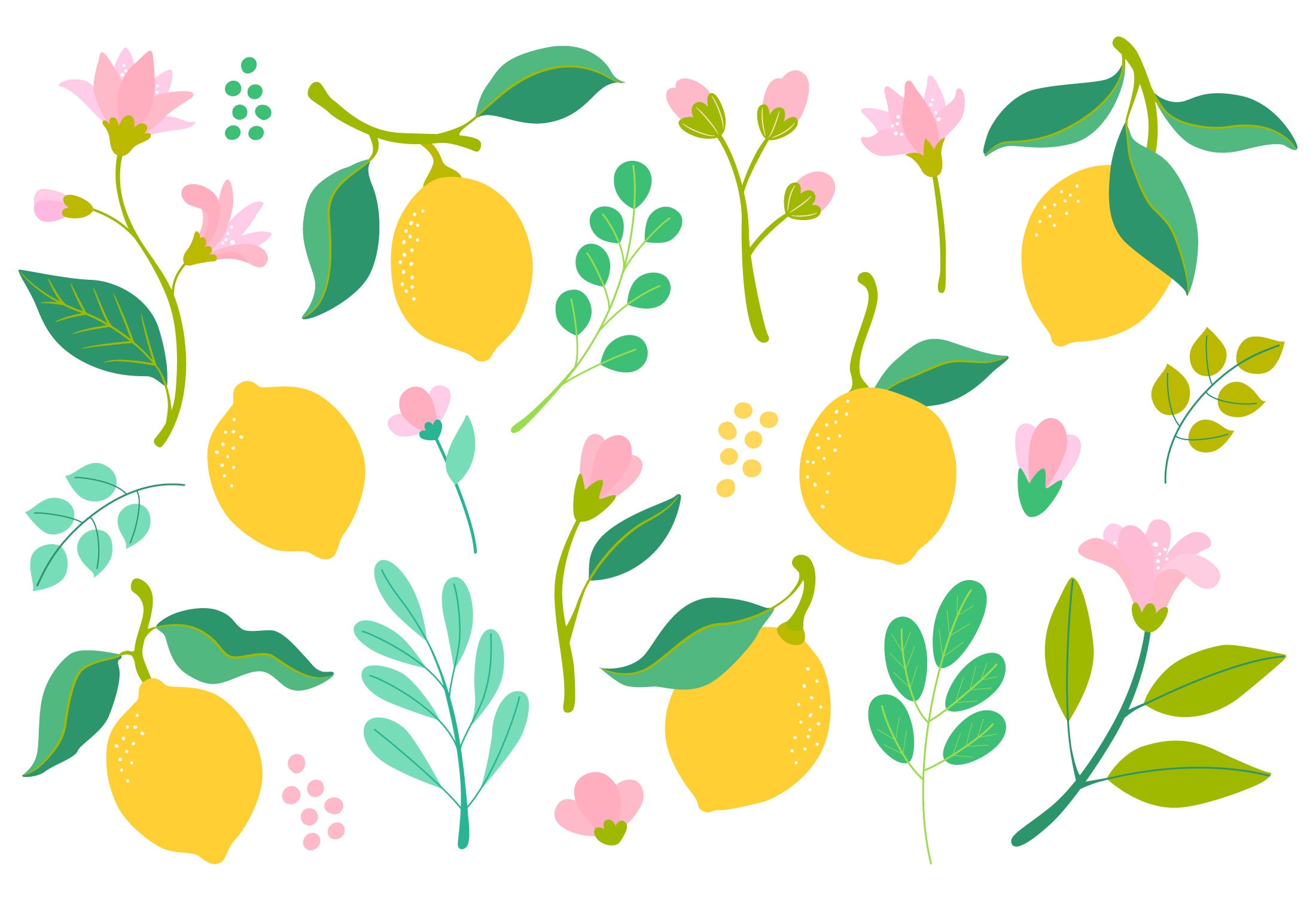 Lemon and Leaf Clip Art Set, Lemon Blossom, Summer Fruit Clipart ...