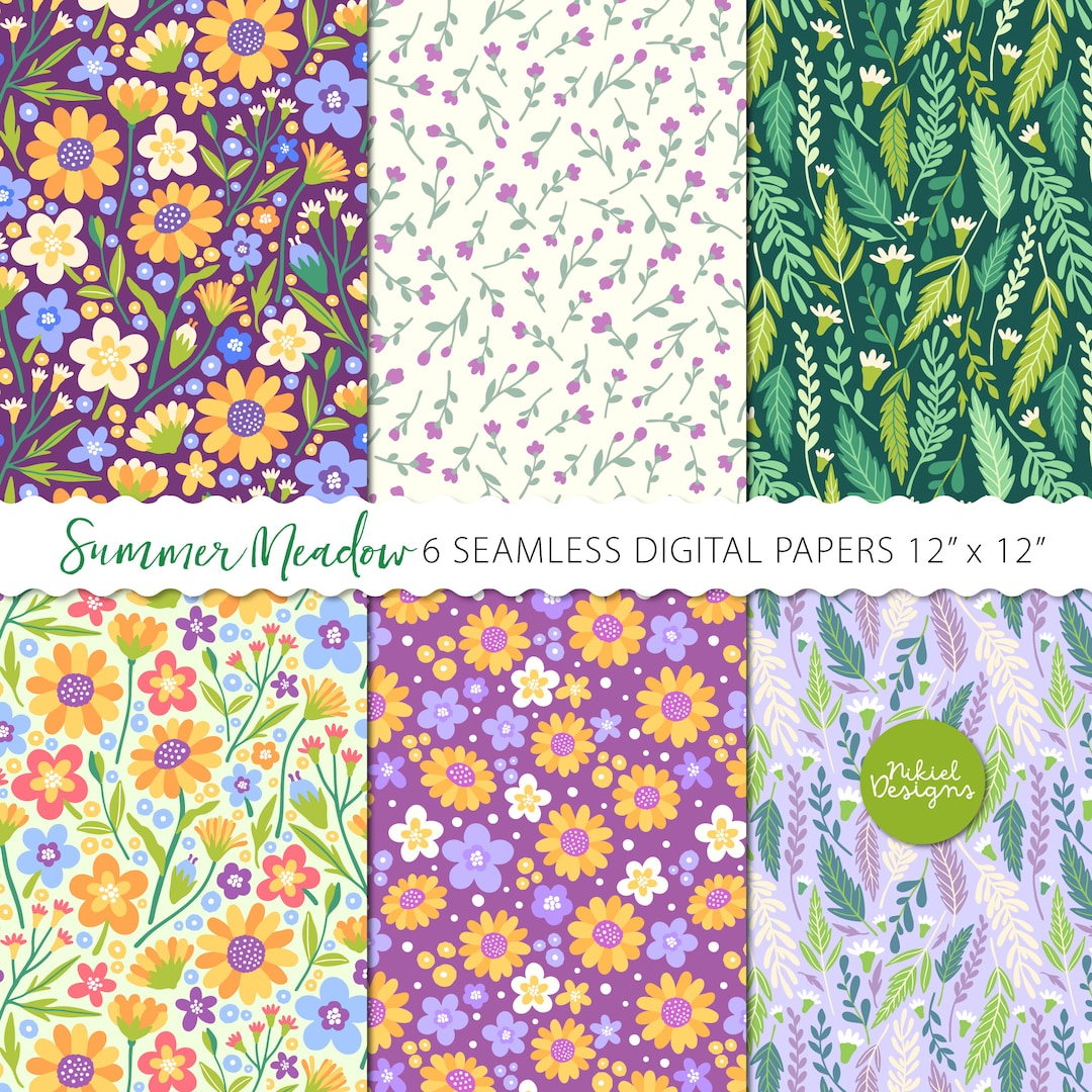 Digital Seamless Pattern Papers, Boho Summer Meadow Florals & Foliage ...